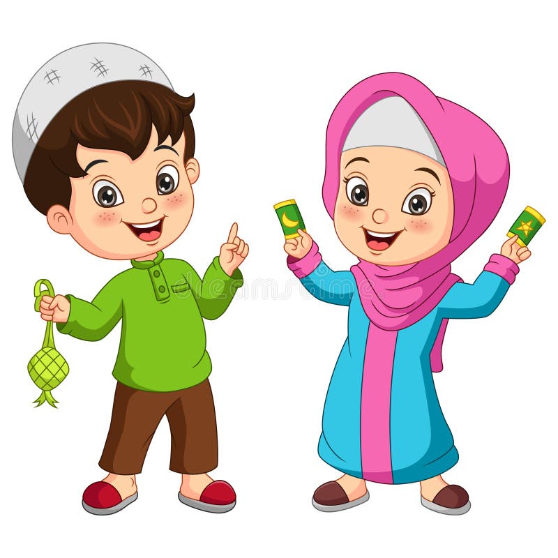 Happy Muslim Kids Cartoon Holding a Ketupat Stock Vector - Illustration ...