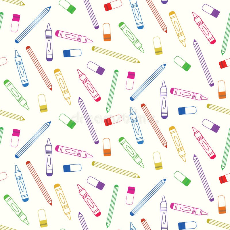 Colorful Crayon, Pencil and Eraser Seamless Pattern in Outline Style ...