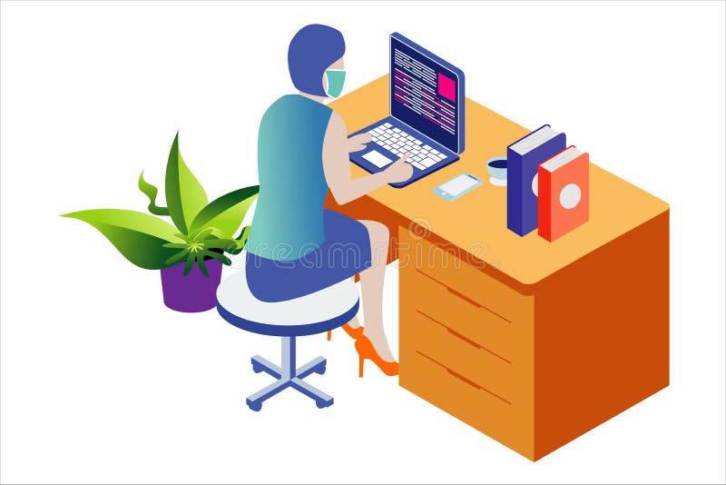 Female Worker. Office Worker in Front of Computer Wearing Face Mask ...