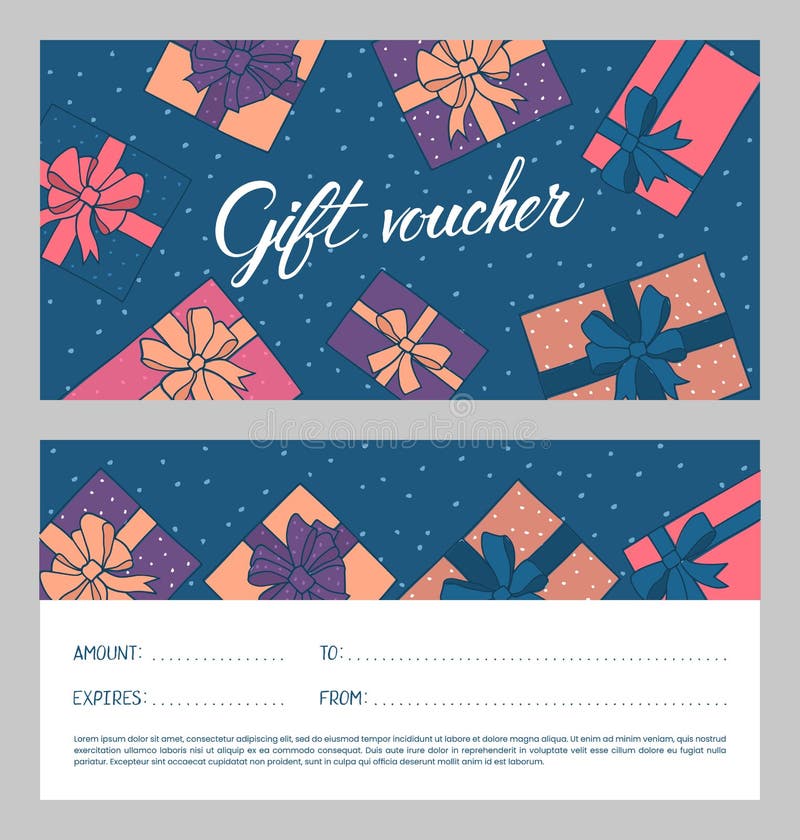 Gift Voucher Template with Hand-drawn Gift Boxes with Bow Ribbons ...