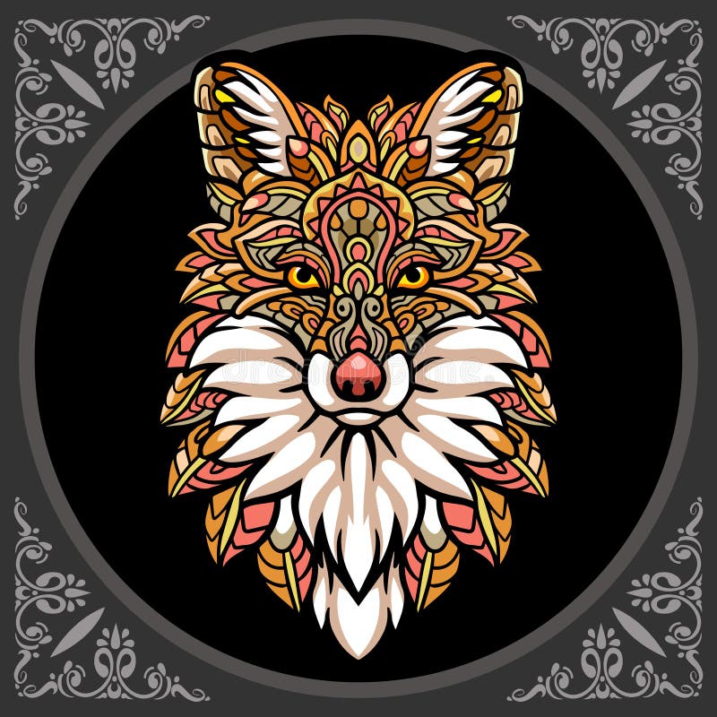 Colorful Fox Head Zentangle Arts, Isolated on Black Background Stock ...