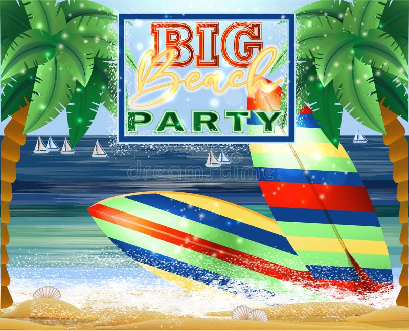 Big Beach Party VIP Card with Surfboards, Palm Tree and Ship Stock ...