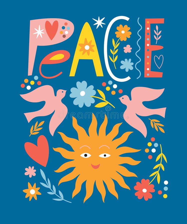 World Peace Poster. Lettering, Dove of Peace , Flowers, Sun, Symbols of ...