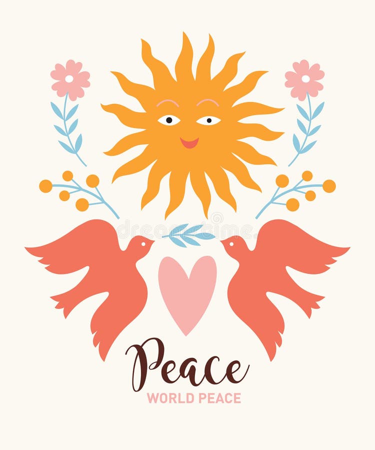 Two Flying Bird, Heart and Sun. Symbols of Peace and Goodness Stock ...