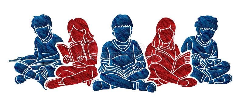 Group of Children Reading Books Together Cartoon Graphic Vector Stock ...