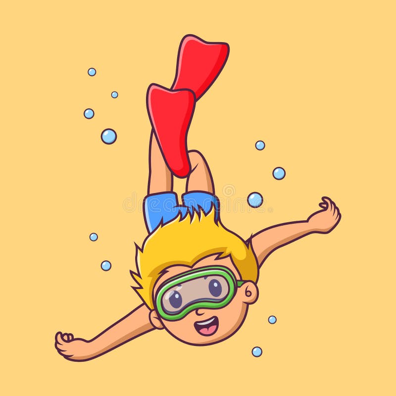 Cartoon Little Boy Scuba Diver, Cute Cartoon Boy Diving in Summer ...