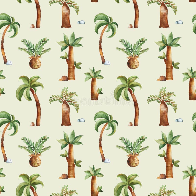 Seamless Texture with Watercolor Palm Trees and Stones Stock ...