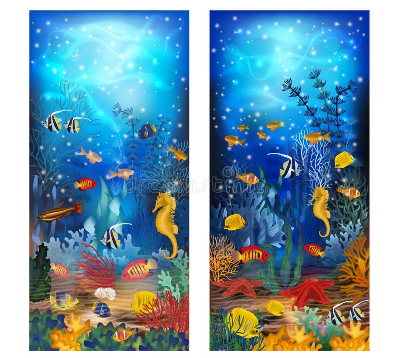 Underwater Banners with Seahorse Tropical Fish Stock Vector ...
