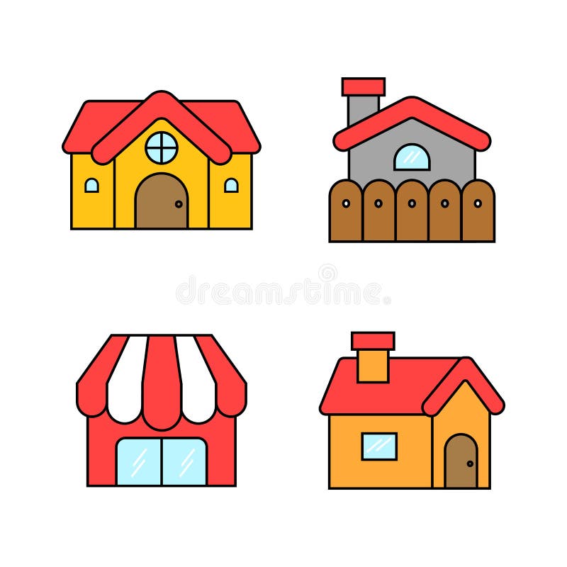 Collection of Simple House Flat Design. Cute Building with Childish ...