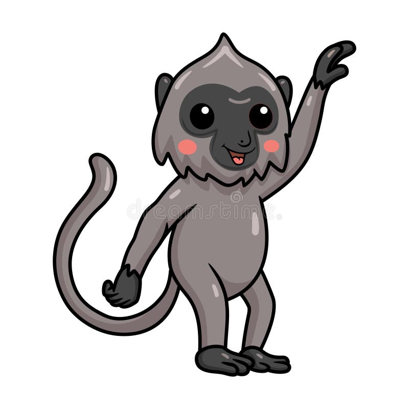 Cute Little Grey Langur Monkey Cartoon Waving Hand Stock Vector ...