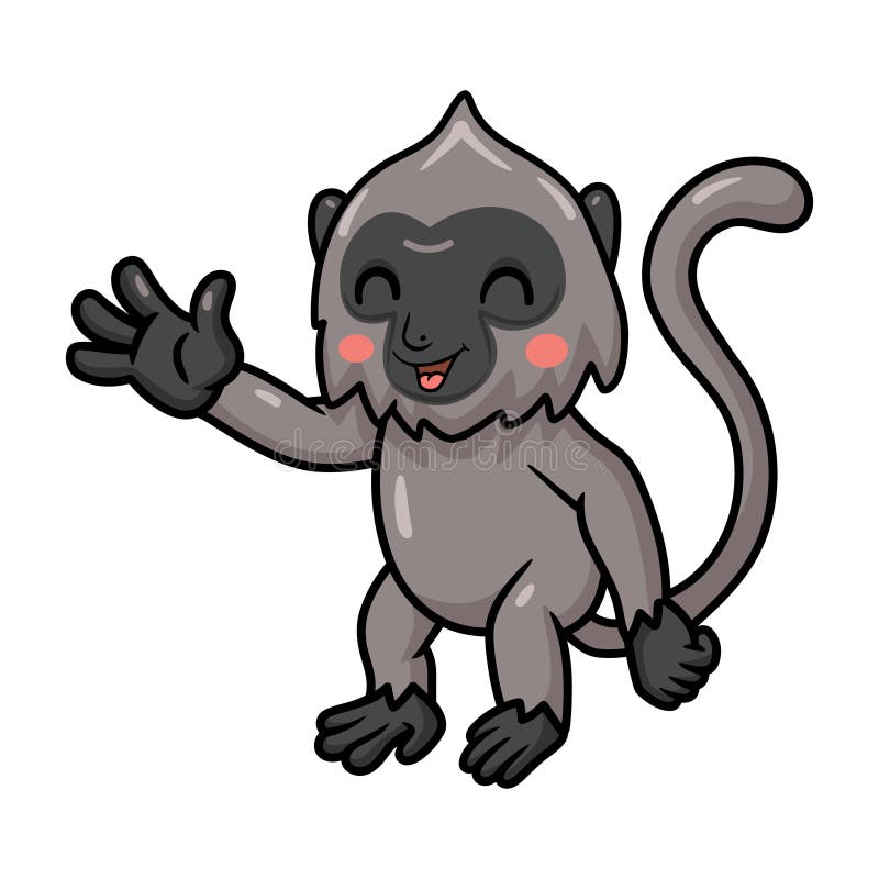 Cute Little Grey Langur Monkey Cartoon Waving Hand Stock Vector ...