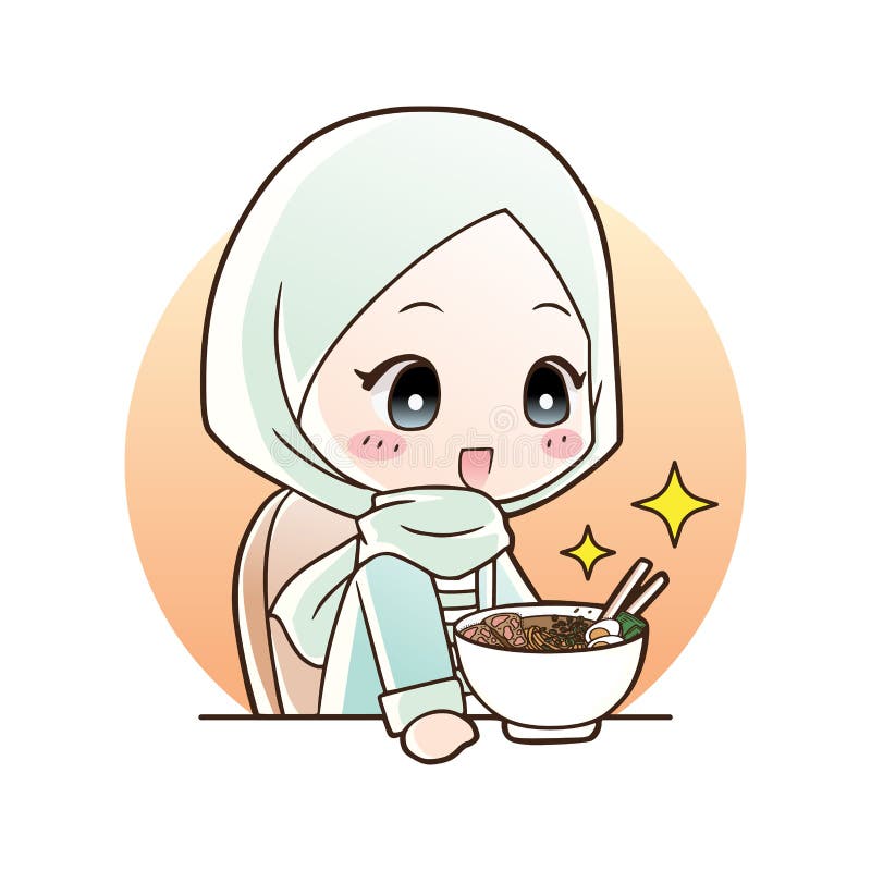 Cute Moslem Girl Eat Halal Ramen Noodles Food Hand Drawn Cartoon Art ...