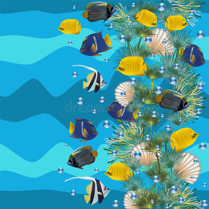 Seamless Underwater Pattern with Seashell and Tropical Fish Stock ...