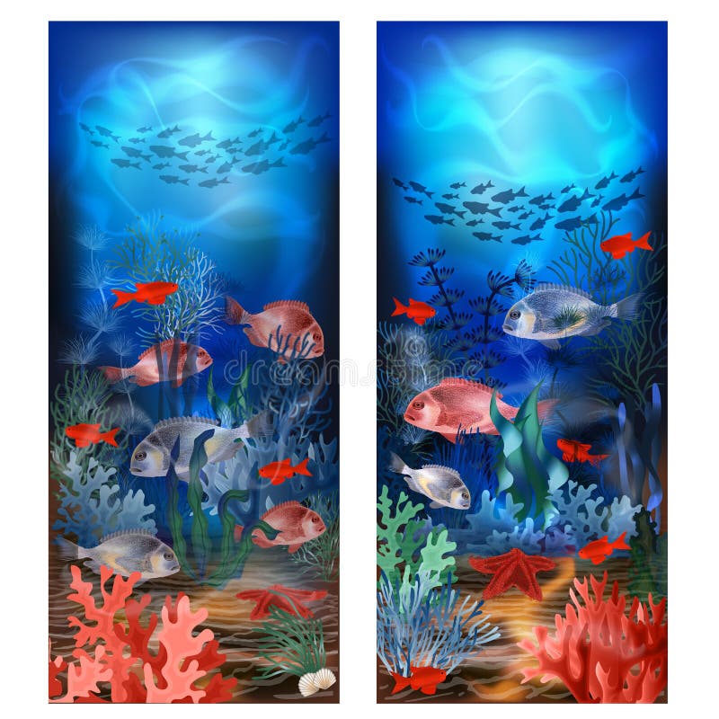 Underwater Banners with Coral Reef and Tropical Fish. Stock Vector ...