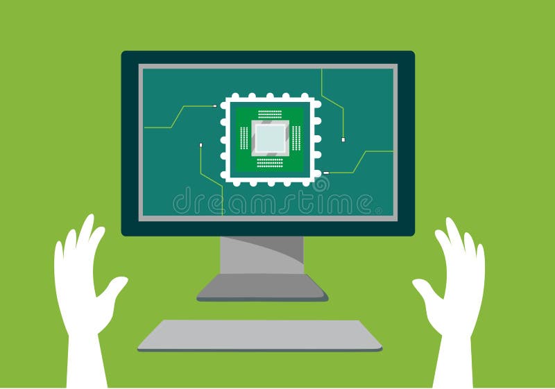 A Computer with a Microchip Drawing and User`s Hands. Editable Clip Art ...