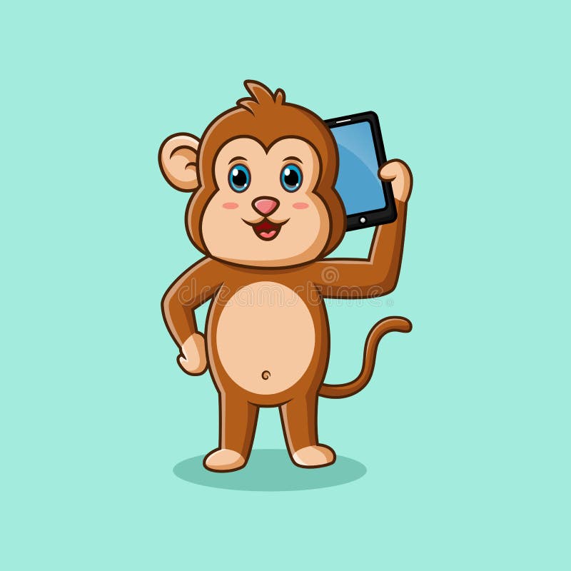 Cute Cartoon Monkey Holding Phone Stock Illustration - Illustration of ...