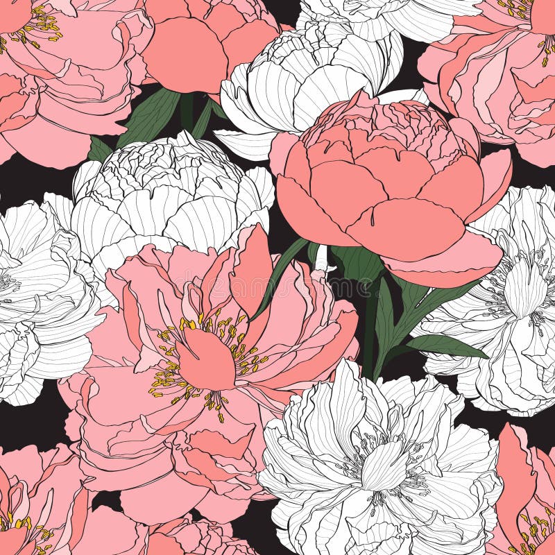 Peony Flower Seamless Pattern. Hand Drawn Engraved Floral Background ...