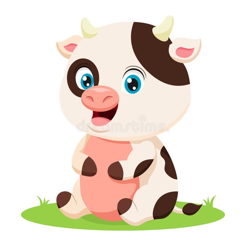 Cute Little Cow Cartoon Sitting in Grass Stock Vector - Illustration of ...