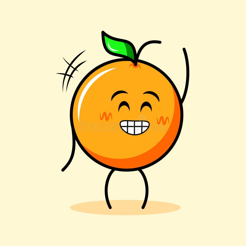 Cute Orange Character with Leaf, Happy Expression, Close Eyes, Grin and ...
