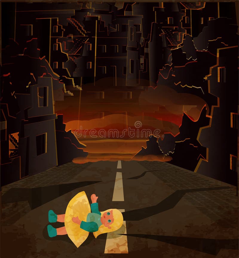 Stop War Card, Little Baby Doll in a Ruined Street. Stock Vector ...