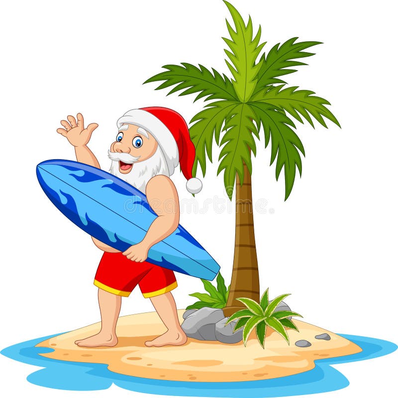 Cartoon Santa Claus with Surfboard in the Tropical Island Stock Vector ...