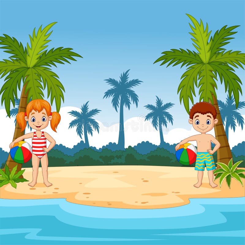 Cartoon Kids with Beach Ball on a Tropical Island Stock Vector ...