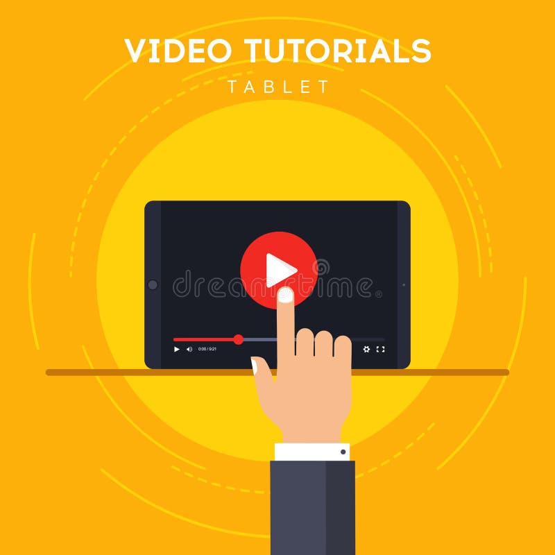 Video Tutorial on Tablet with Hand Clicking on Play Button Stock Vector ...