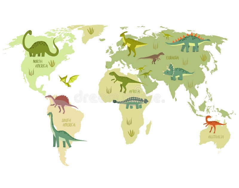 Print. World Map with Dinosaurs. Dino World Map. Cartoon Dinosaurs ...