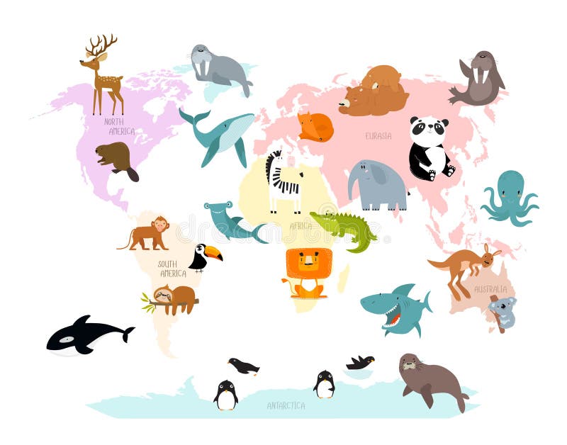Print. Vector Map of the World in Pastel Colors. World Map with Animals ...