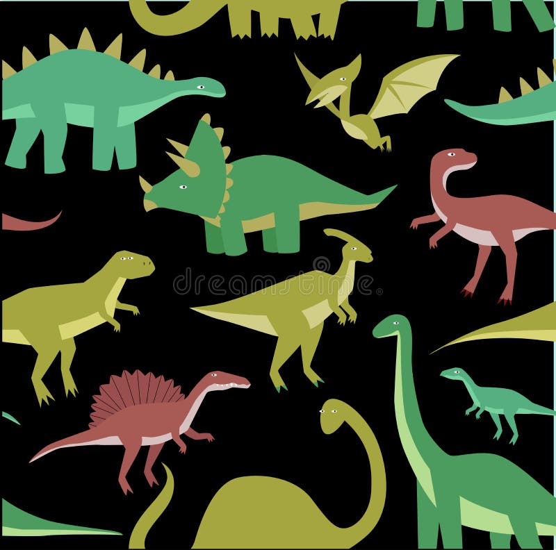 Print. Vector Seamless Black Background with Dinosaurs. Cartoon ...