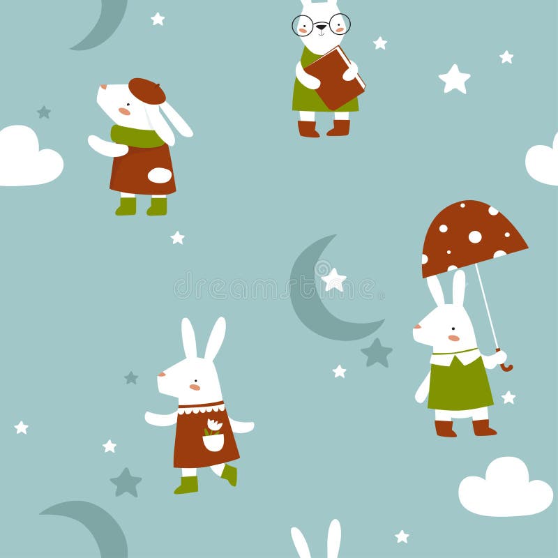 Print. Vector Seamless Background with Cute Rabbits. Rabbits in the Sky ...