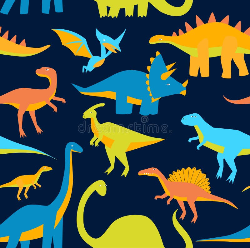 Print. Bright Seamless Black Background with Dinosaurs. Cartoon ...