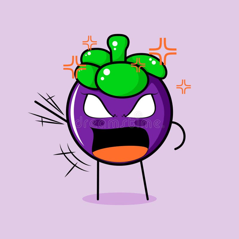 Cute Mangosteen Character with Angry Expression. One Hand Raised, Eyes ...