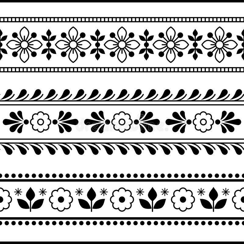 Floral Cute Folk Outline Vector Seamless Pattern with Flowers and Frame ...