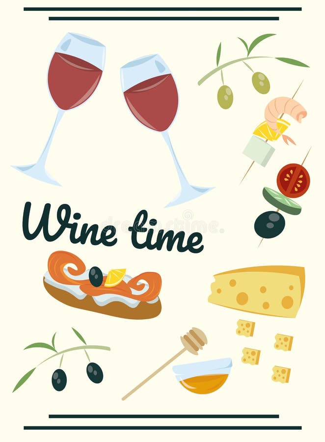 Poster "Wine Time" with Wine, Bruschetta, Olives, Cheese, Honey and ...