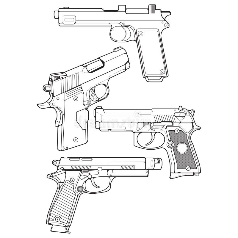 Set of Firearms Line Art Style, Shooting Gun, Weapon Illustration ...