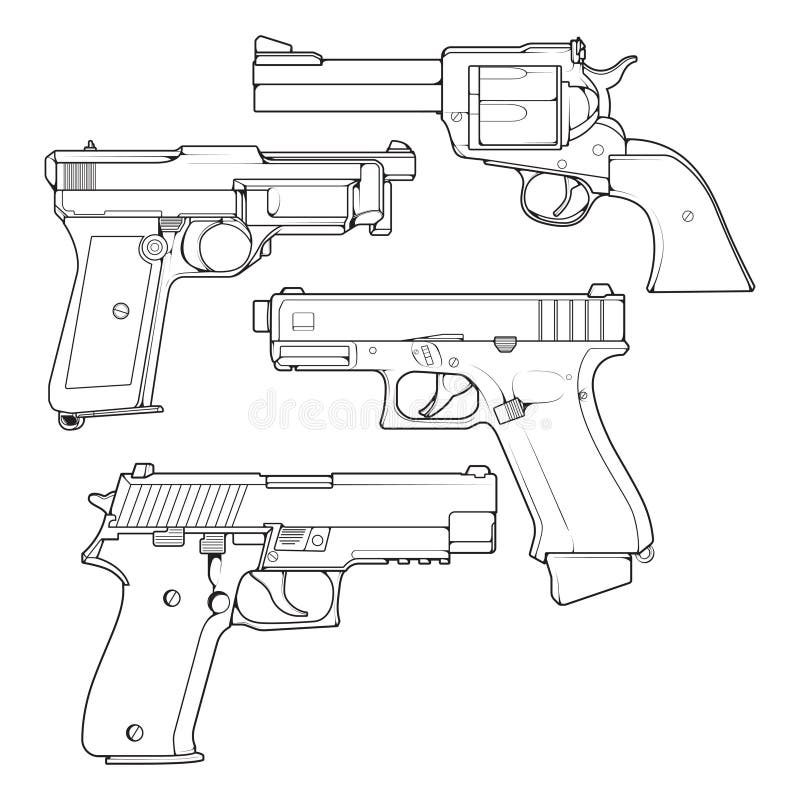 Set of Firearms Line Art Style, Shooting Gun, Weapon Illustration ...
