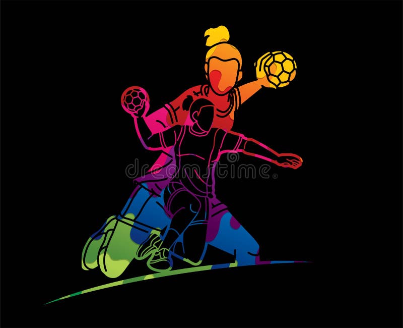 Group of Handball Female Players Sport Team Action Cartoon Graphic ...