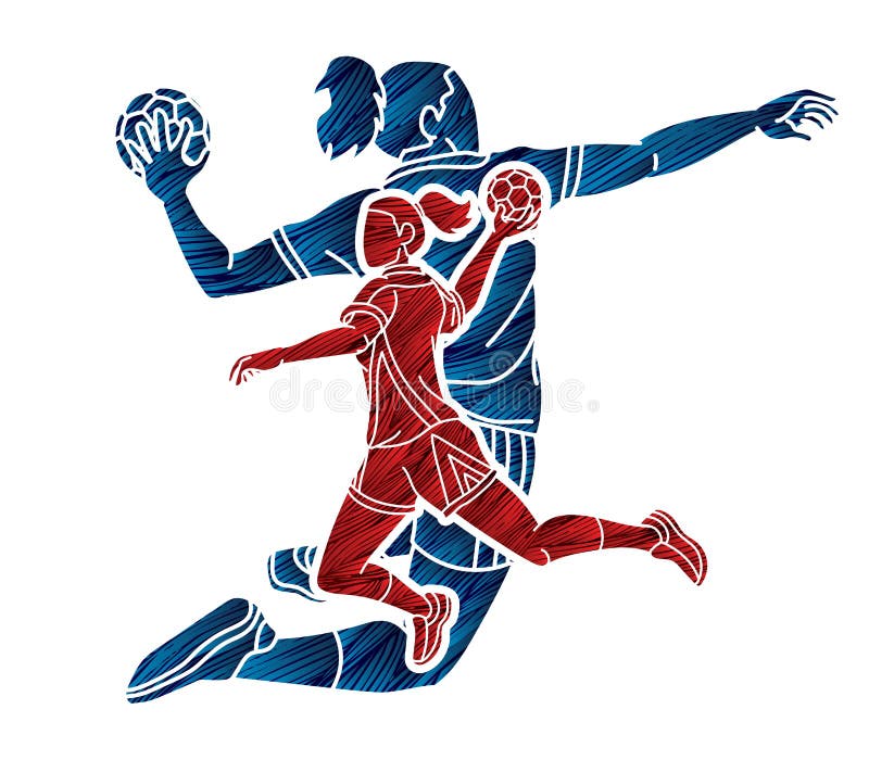 Group of Handball Female Players Sport Team Action Cartoon Graphic ...