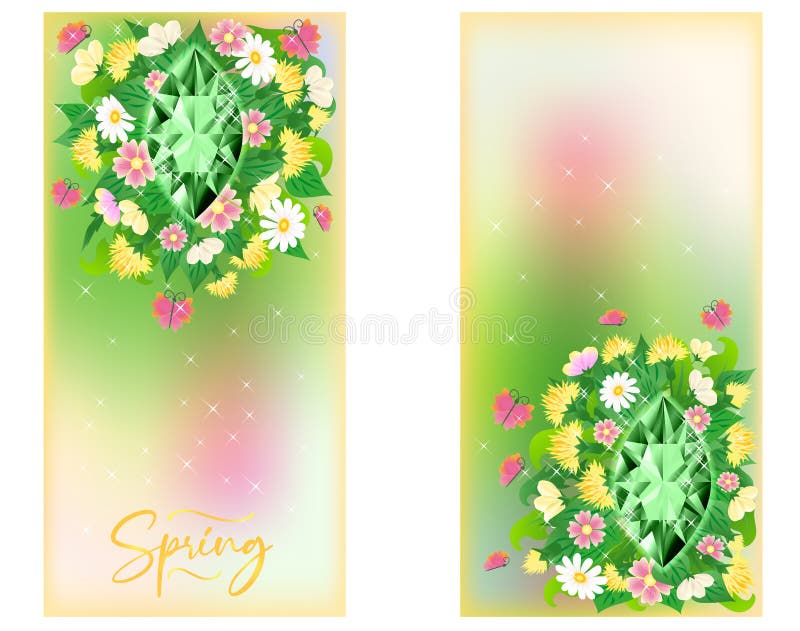Season Spring Vertical Banners with Diamond Emerald and Flowers, Vector ...