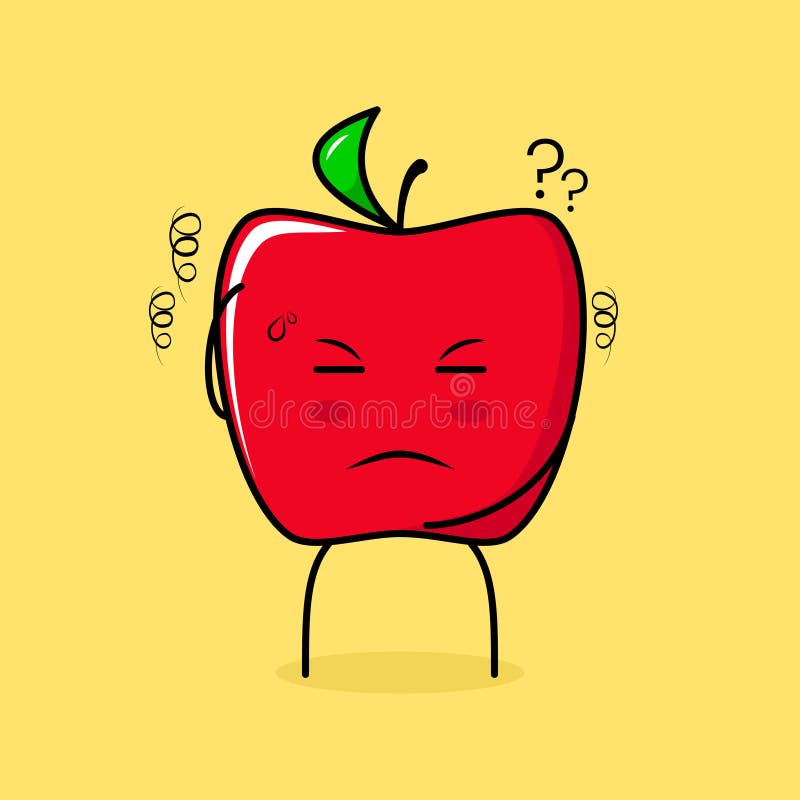 Cute Red Apple Character with Thinking Expression, One Hand on Head and ...