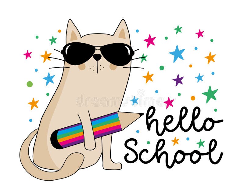 Hello School - Happy Greeting with Cool Cat and Pencil Stock Vector ...