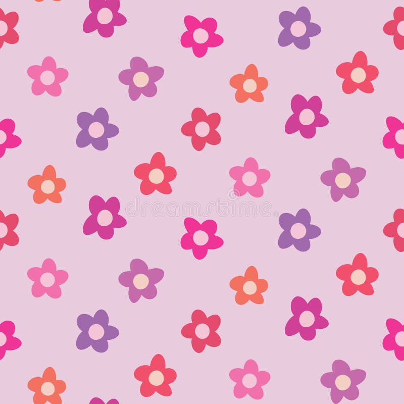 Cute Retro 70s Simple Flowers Seamless Pattern in Pink, Red, Orange and ...