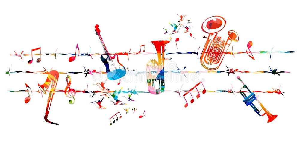 Colorful Musical Instruments with Musical Notes Attached To Barbed Wire ...