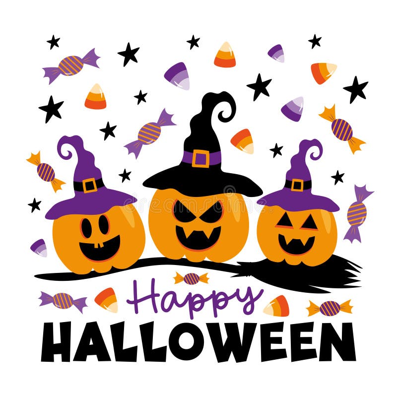 Scary Pumpkins in Witch Hat, Candy Corn, Sweets, and Stars. Stock ...