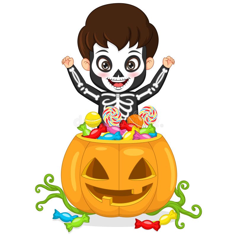 Cute Skeleton Boy with Basket of Candies Stock Vector - Illustration of ...