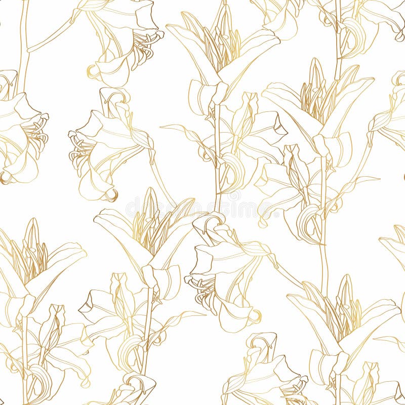 Seamless Pattern with Golden Line Lily Flower Illustration. Stock ...
