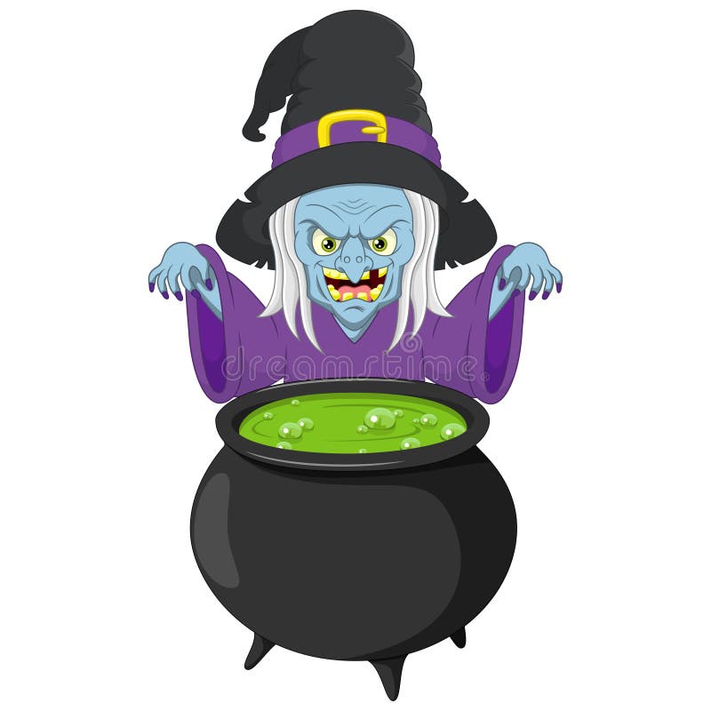 Cute Old Witch Cartoon with Cauldron Stock Vector - Illustration of ...