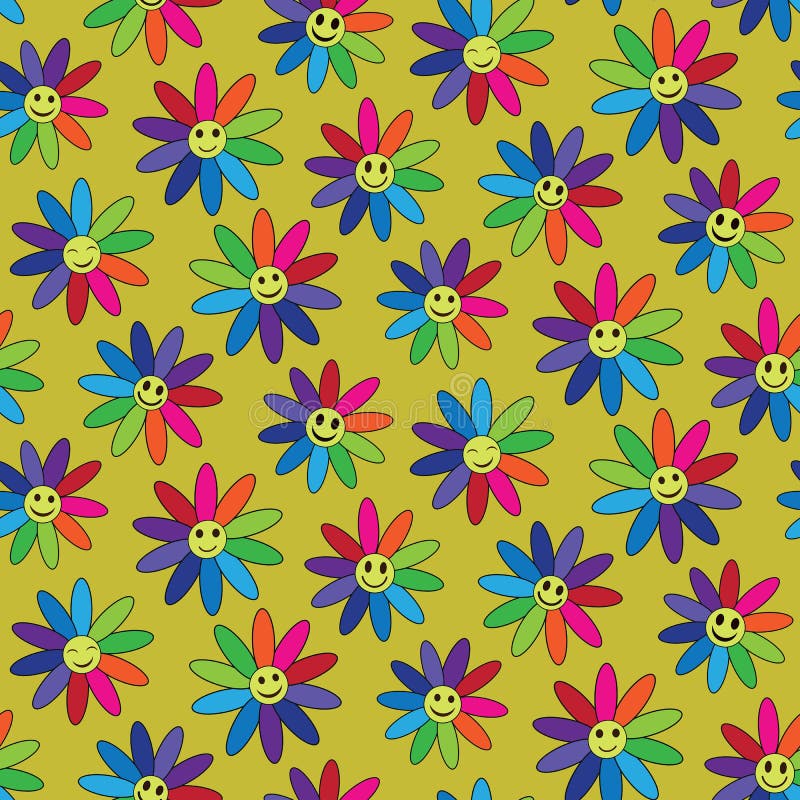 Retro Smiley Flowers with Rainbow Petals Seamless Pattern Stock Vector - Illustration of child ...