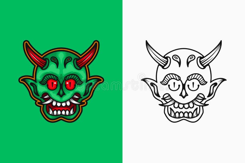 Illustration of Green Demon with Red Eyes and Horns. Color and Line Art ...